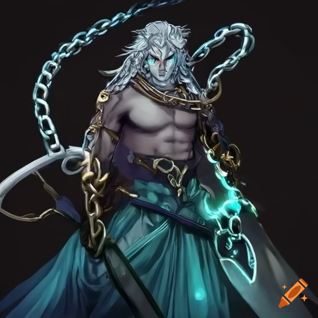 Anime style male triton in chainmail holding a scimitar on Craiyon