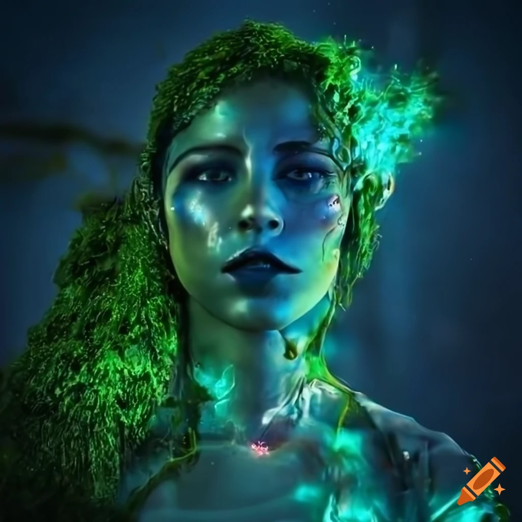 Glowing biopunk cityscape with cyborg mermaid goddesses and bio-energy ...