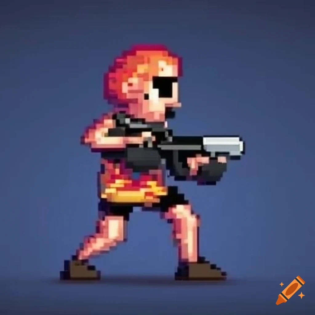 8 bit video game character with gun on Craiyon