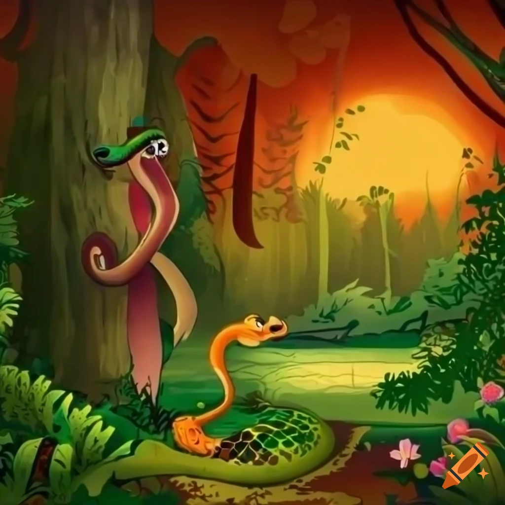 Surrealistic animal cartoon in a strange forest with pond and exotic ...
