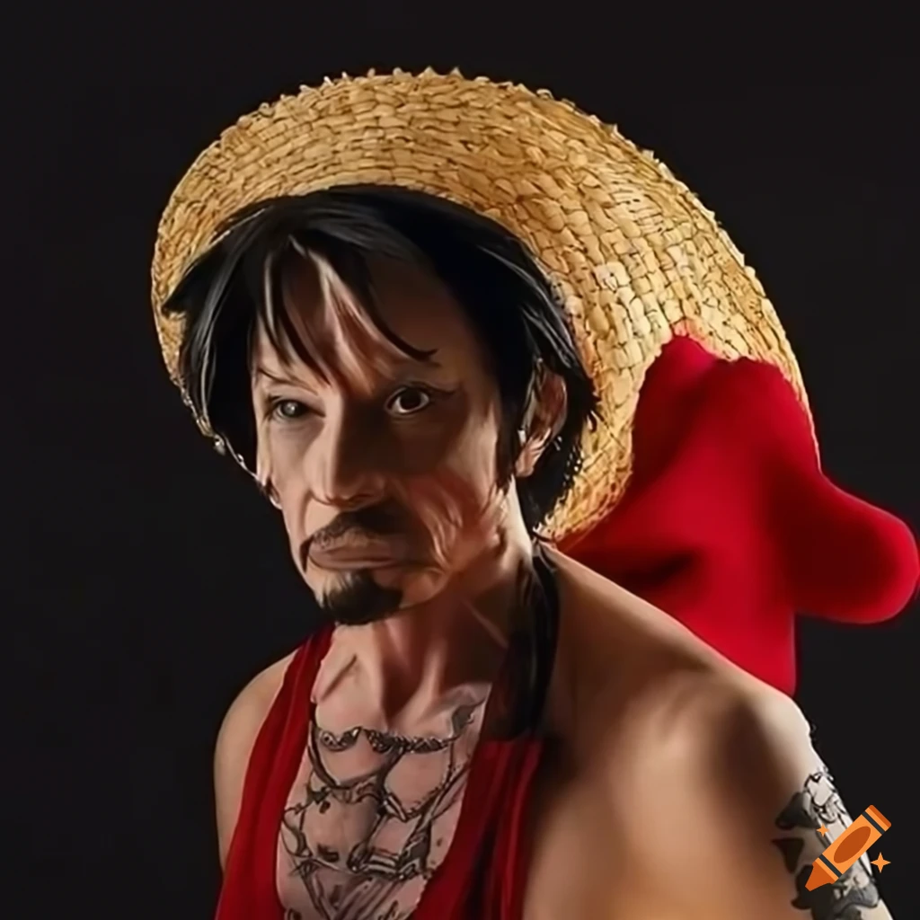 Johnny Hallyday in Luffy cosplay from One Piece with a straw hat on Craiyon