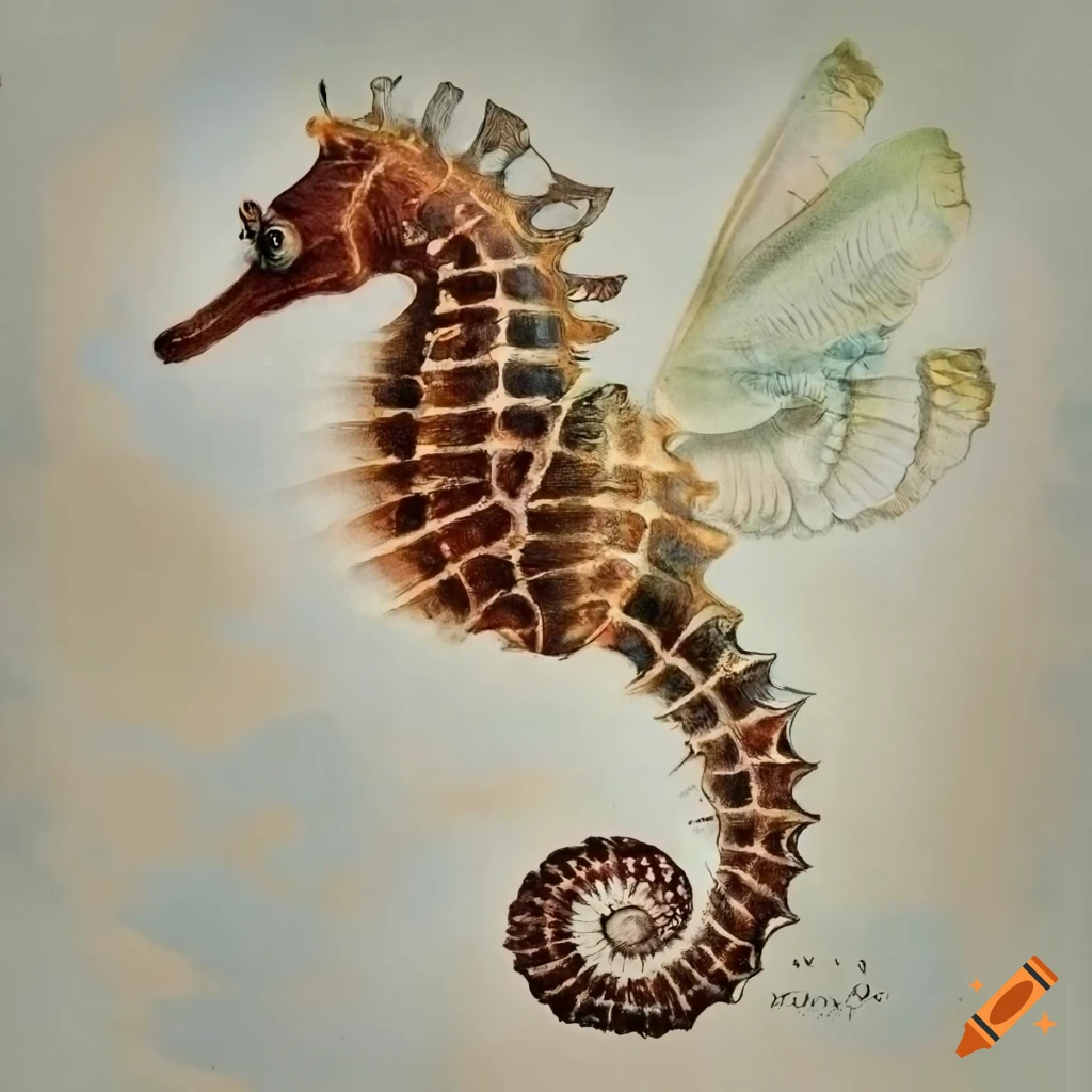 Flying seahorse with wings in vintage entomology style on Craiyon