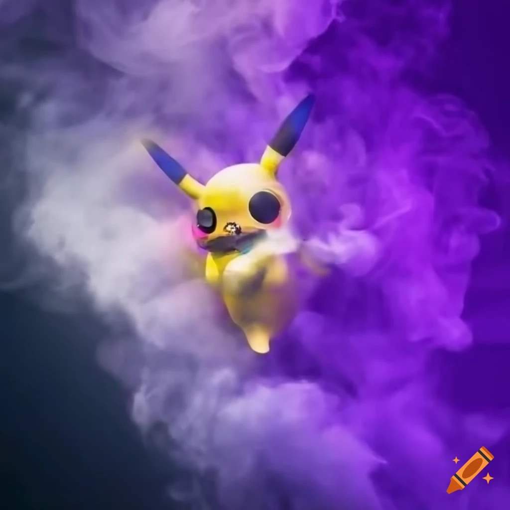 Futuristic pikachu surrounded by purple cloud and yellow smoke on Craiyon