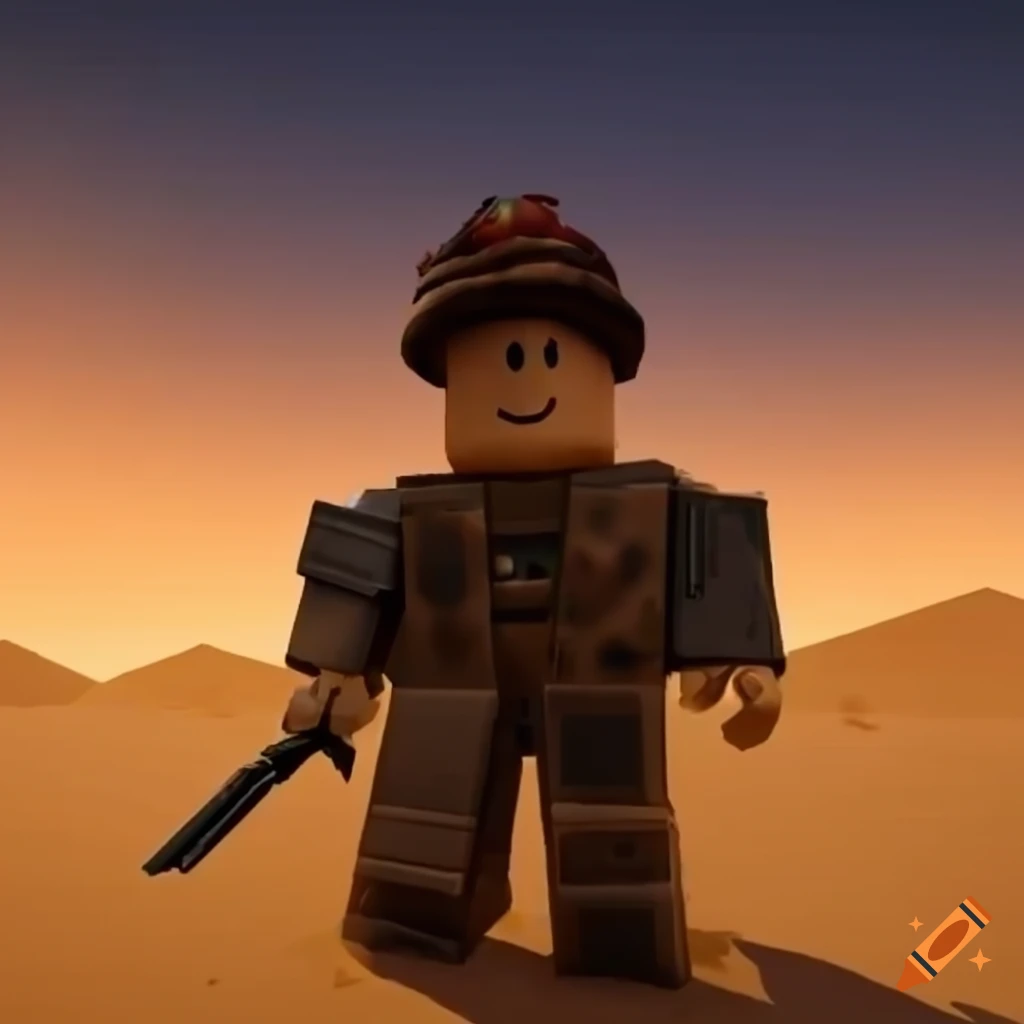 First-person shooting in a post-apocalyptic desert Roblox world on Craiyon