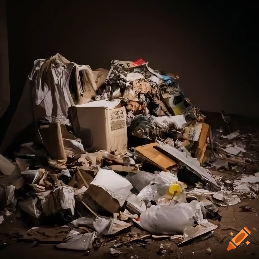 Pile of junk garbage covered with white drapery in a dramatic destroyed ...