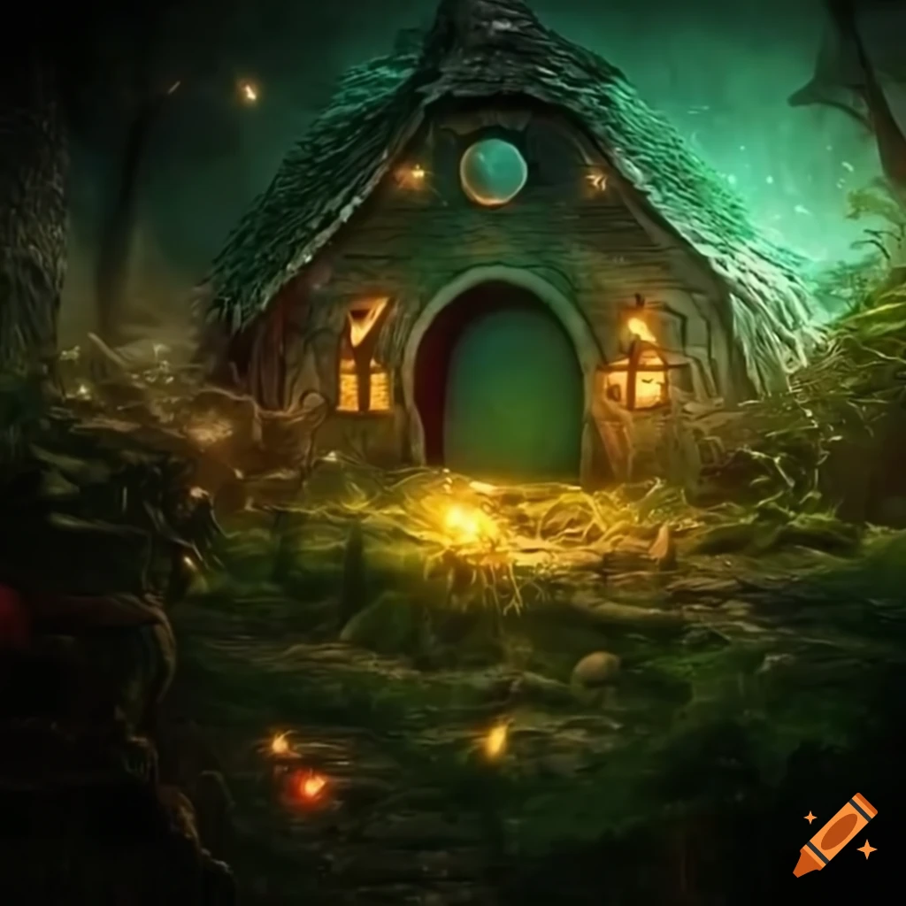 Mystery hobbit hut in the swamp with glowing mushrooms and fireflies on ...