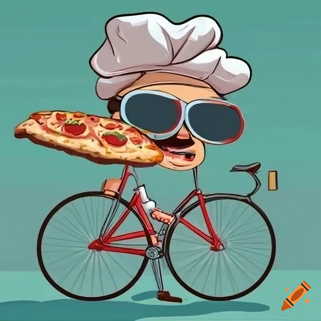 Cartoon italian pizza chef riding a bicycle with sport sunglasses on ...