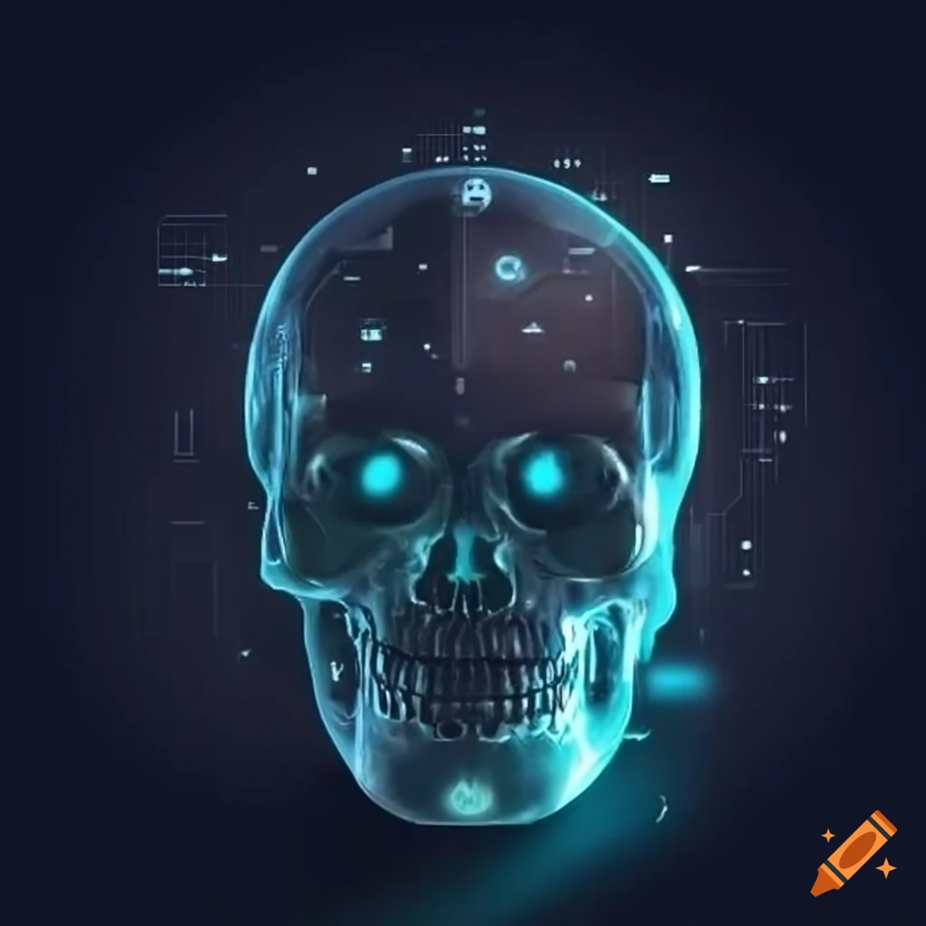 Futuristic computer interface with skull icons on Craiyon
