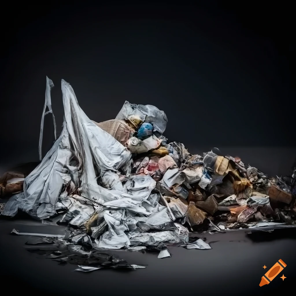 Pile of junk covered with a white drapery in a dramatic landscape on ...