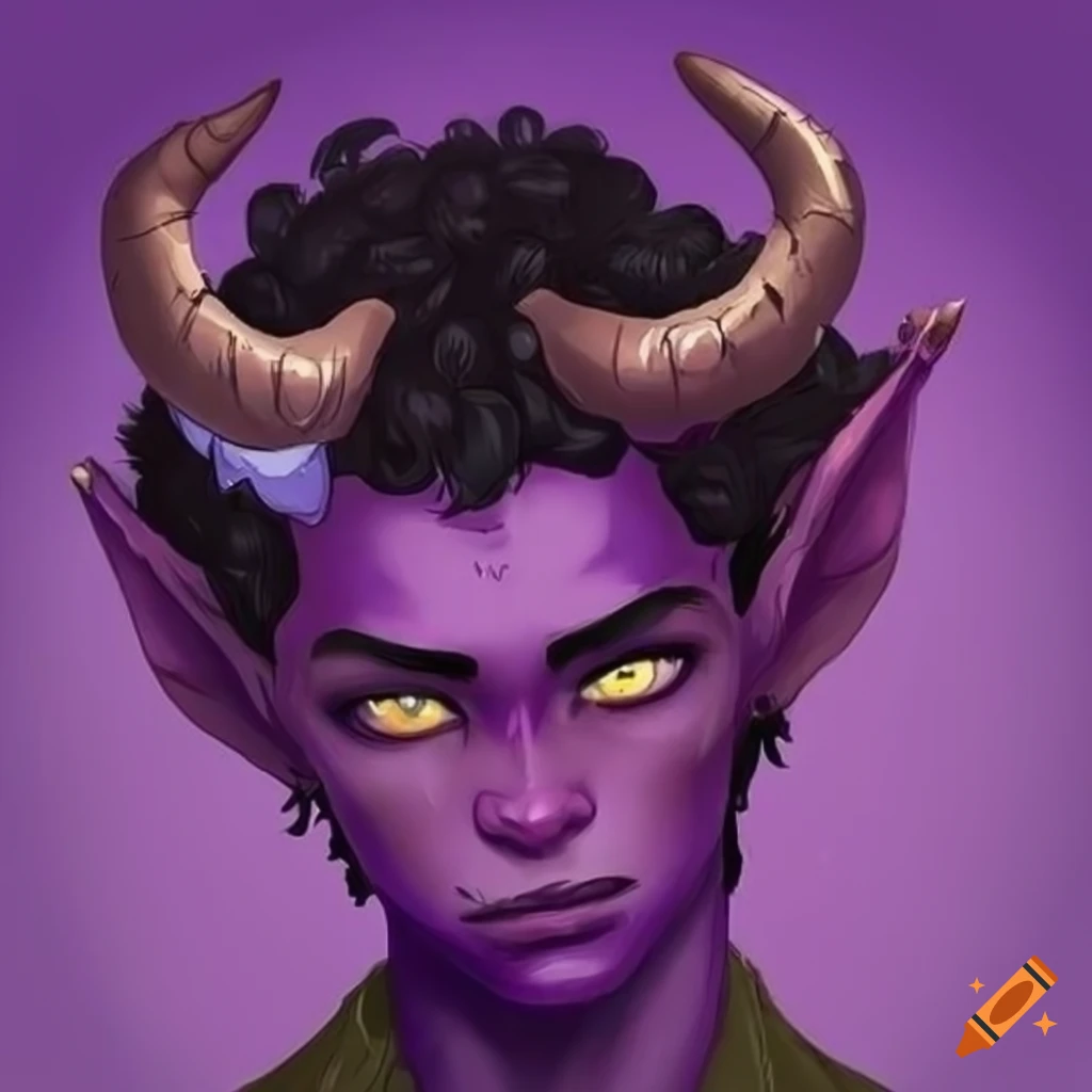 Male tiefling with purple skin, purple eyes, and short curly black hair ...