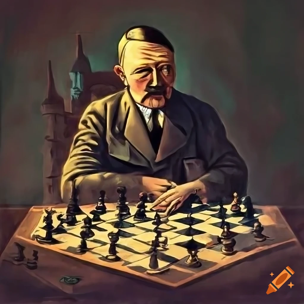 Satirical portrayal of man playing chess in a castle at night on Craiyon