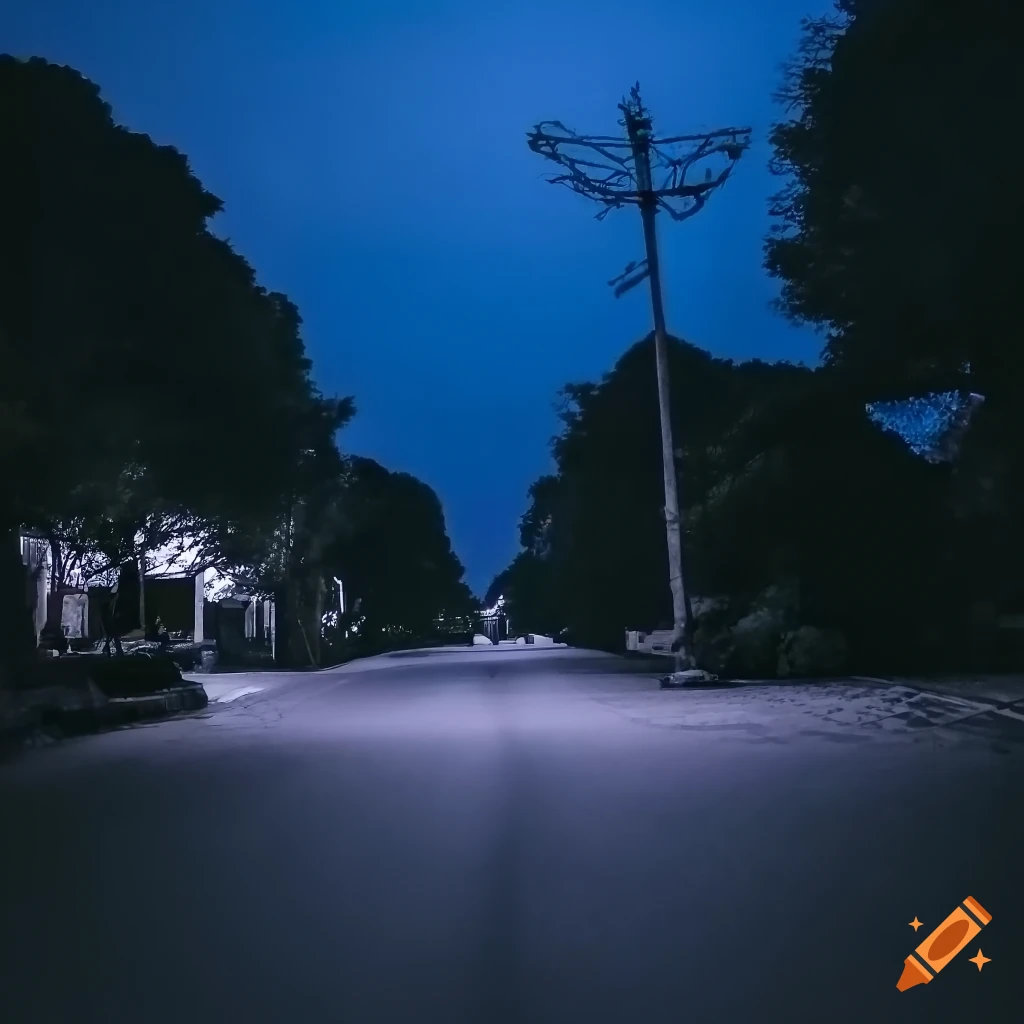 Deserted dark street at night without lantern with trees on Craiyon