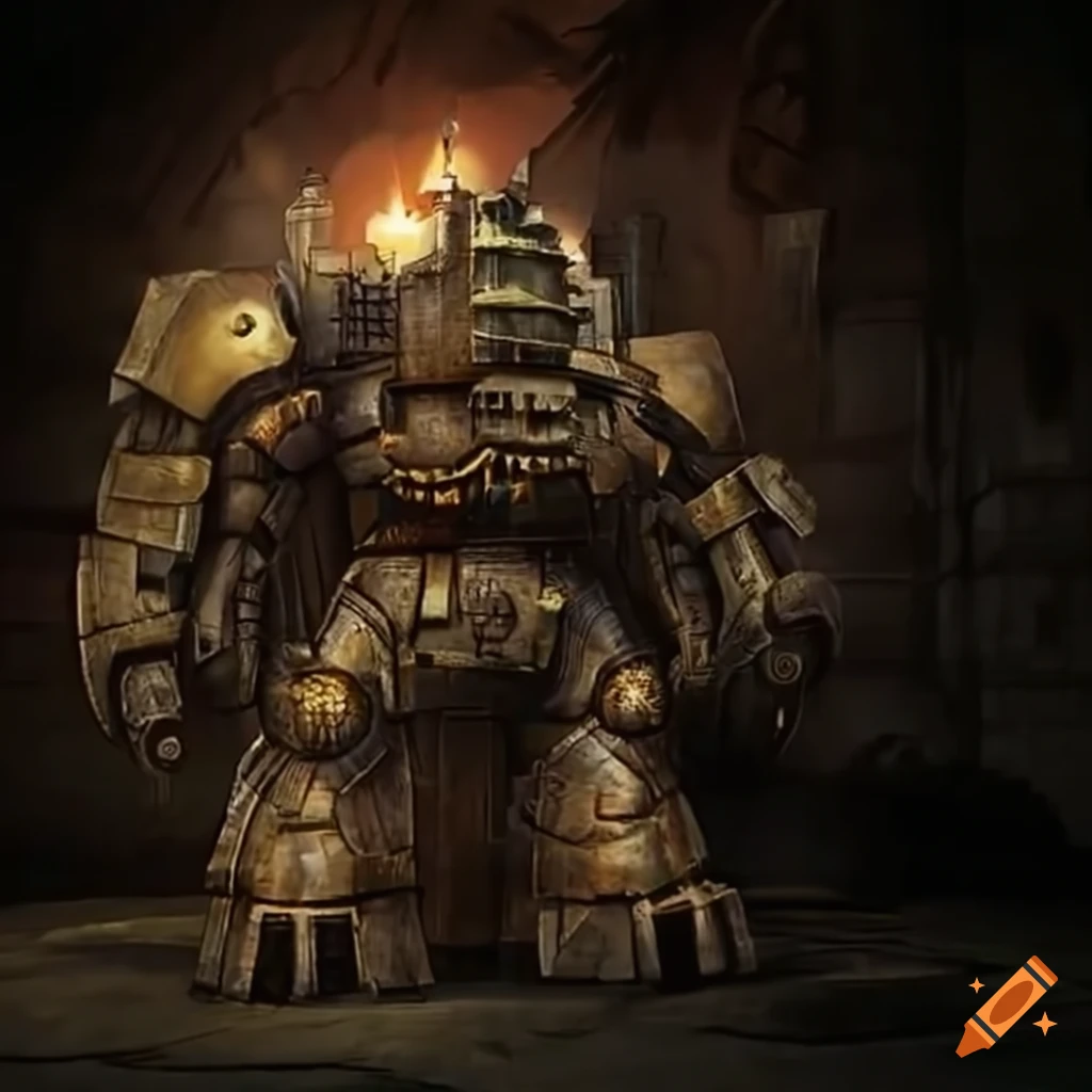 Gigantic steampunk mech carrying a medieval castle on Craiyon