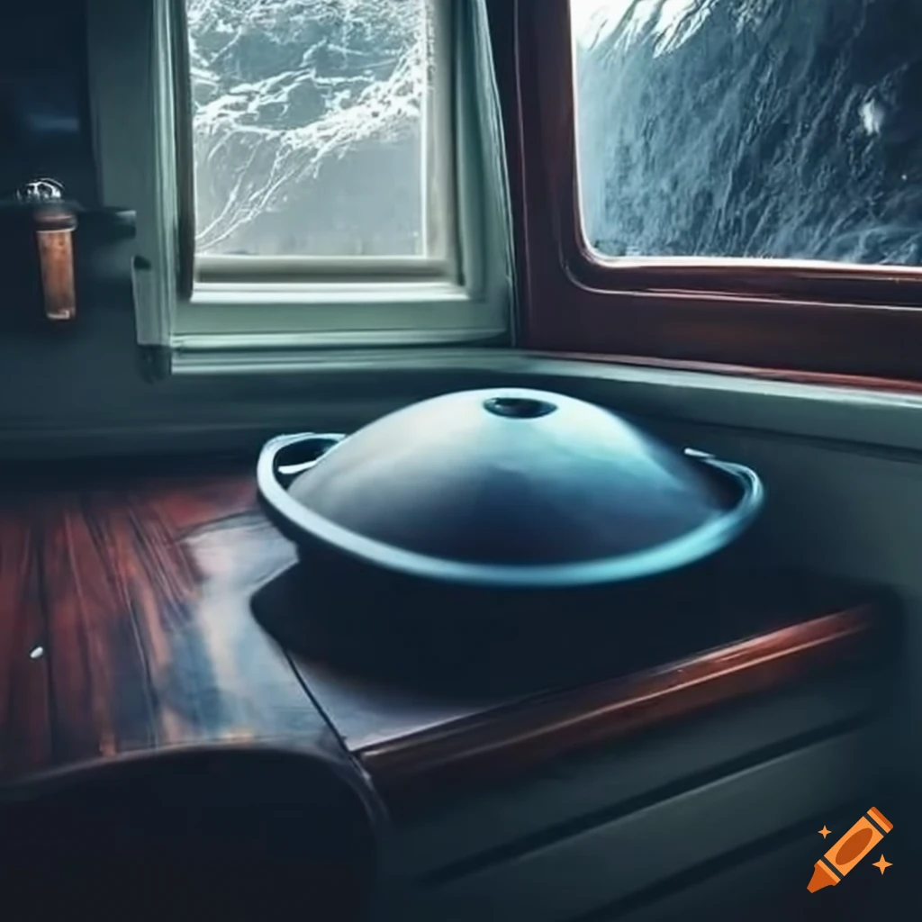 Cozy cabin cruiser boat interior with a handpan by a stormy window on ...
