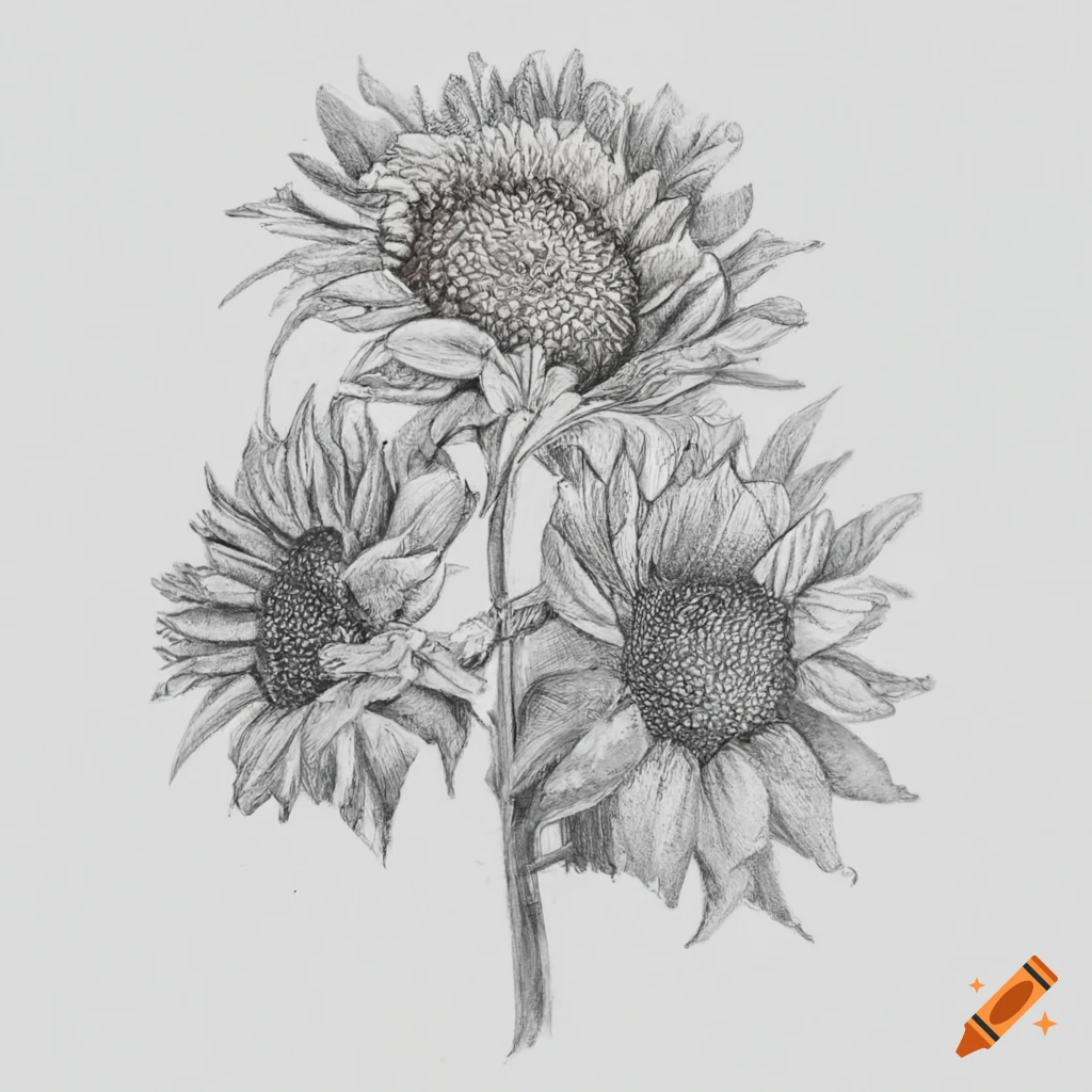 Vintage sunflower bouquet sketched in graphite pencil on Craiyon