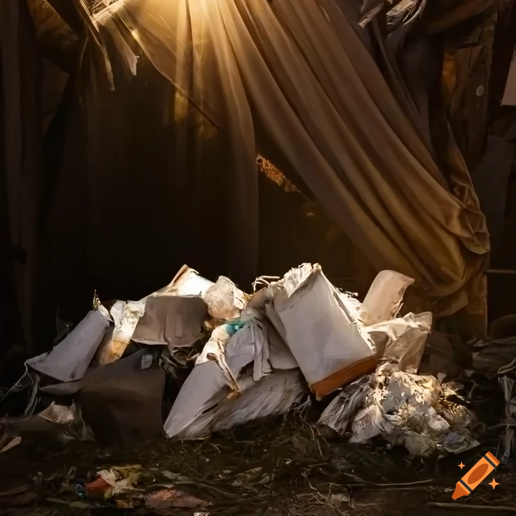 Pile of junk garbage covered with white drapery in a dramatic landscape ...