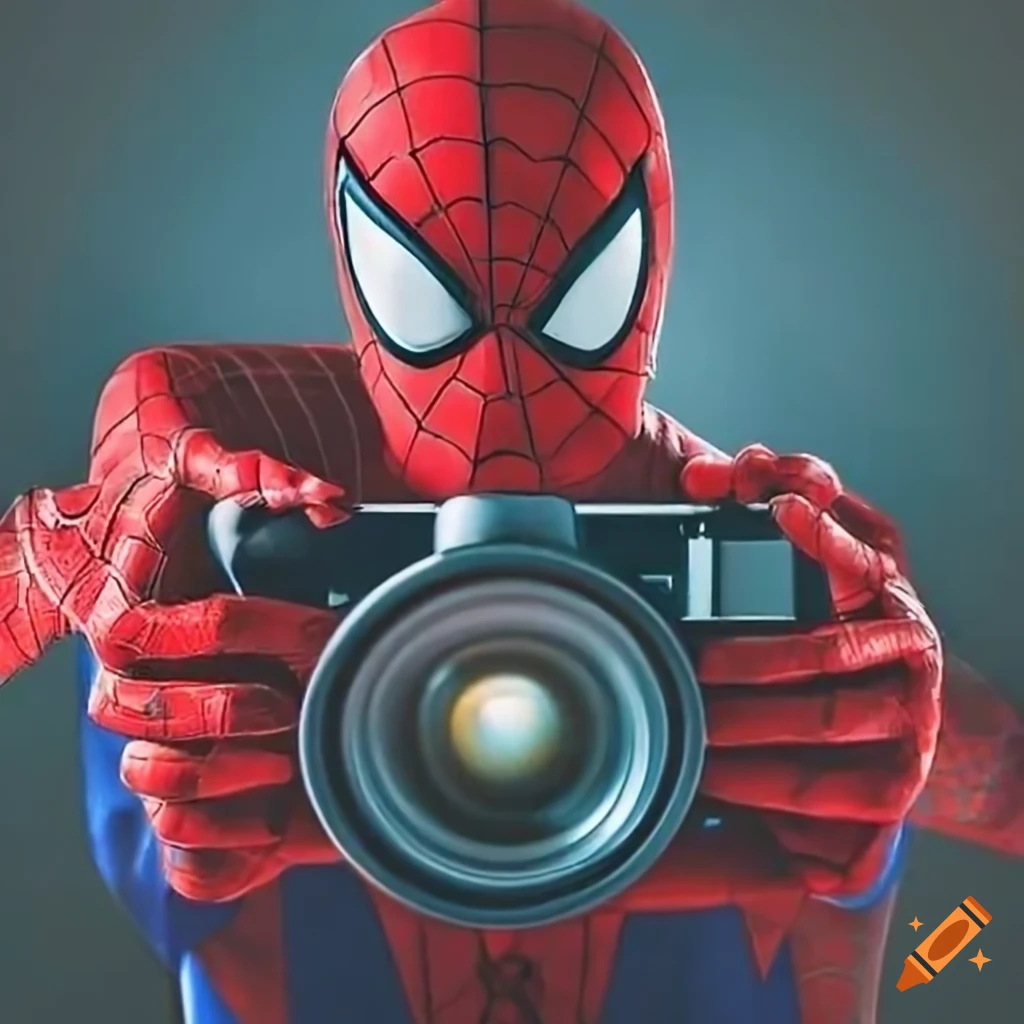 Spiderman with a camera in an urban office setting on Craiyon