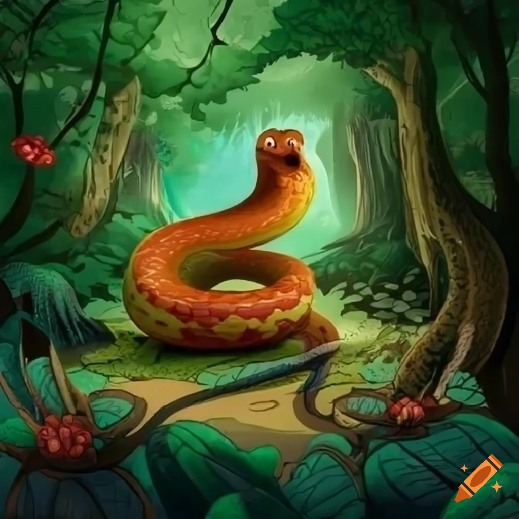 Surreal animal cartoon in a strange forest with pond and exotic flowers ...