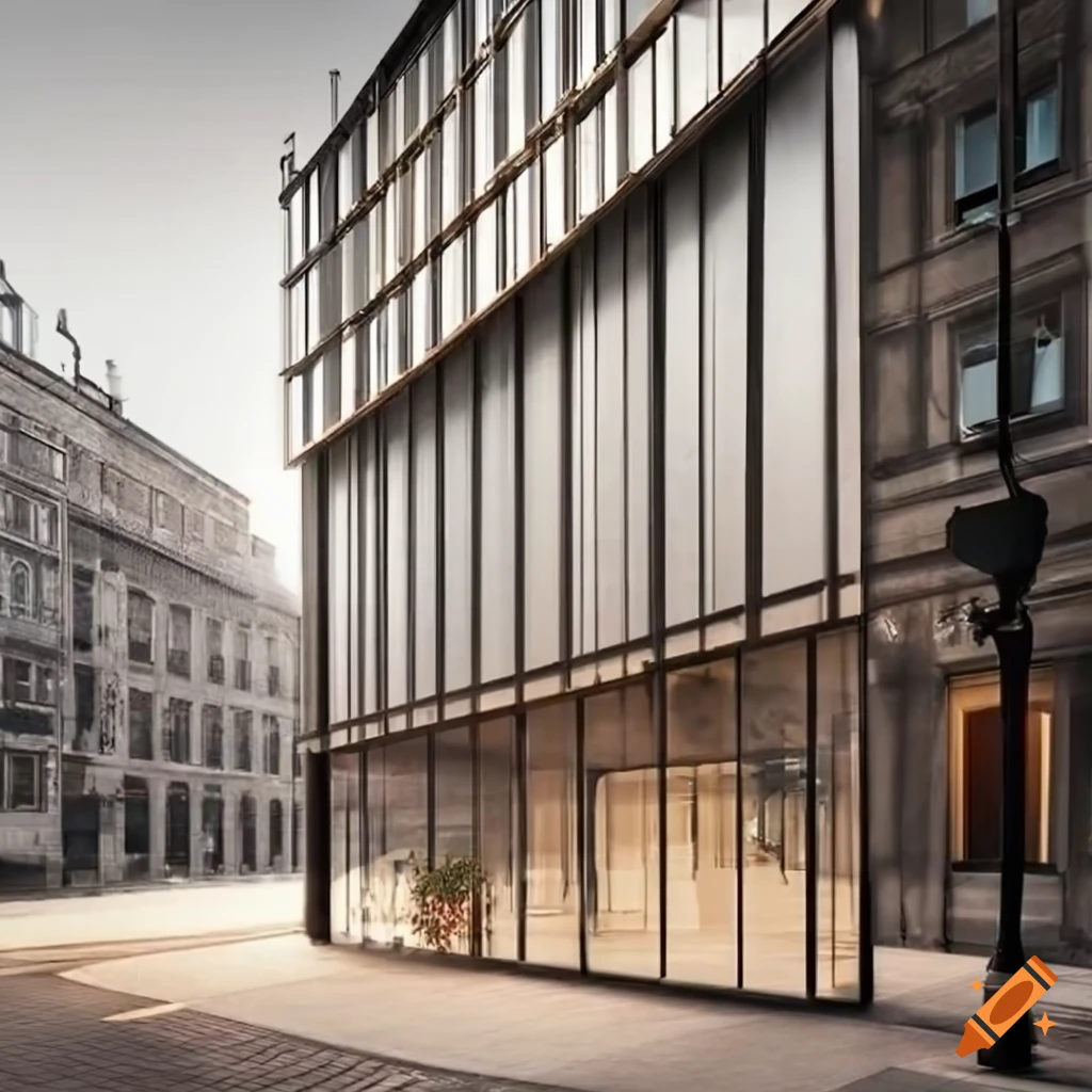 Modern cafe facade with curved glass walls and metallic finishes in ...