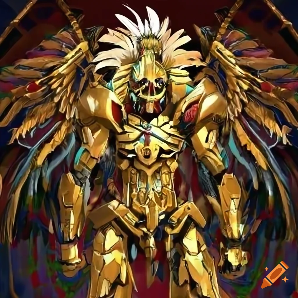 Anime mecha with Aztec design and golden skull in armor wielding glaive ...