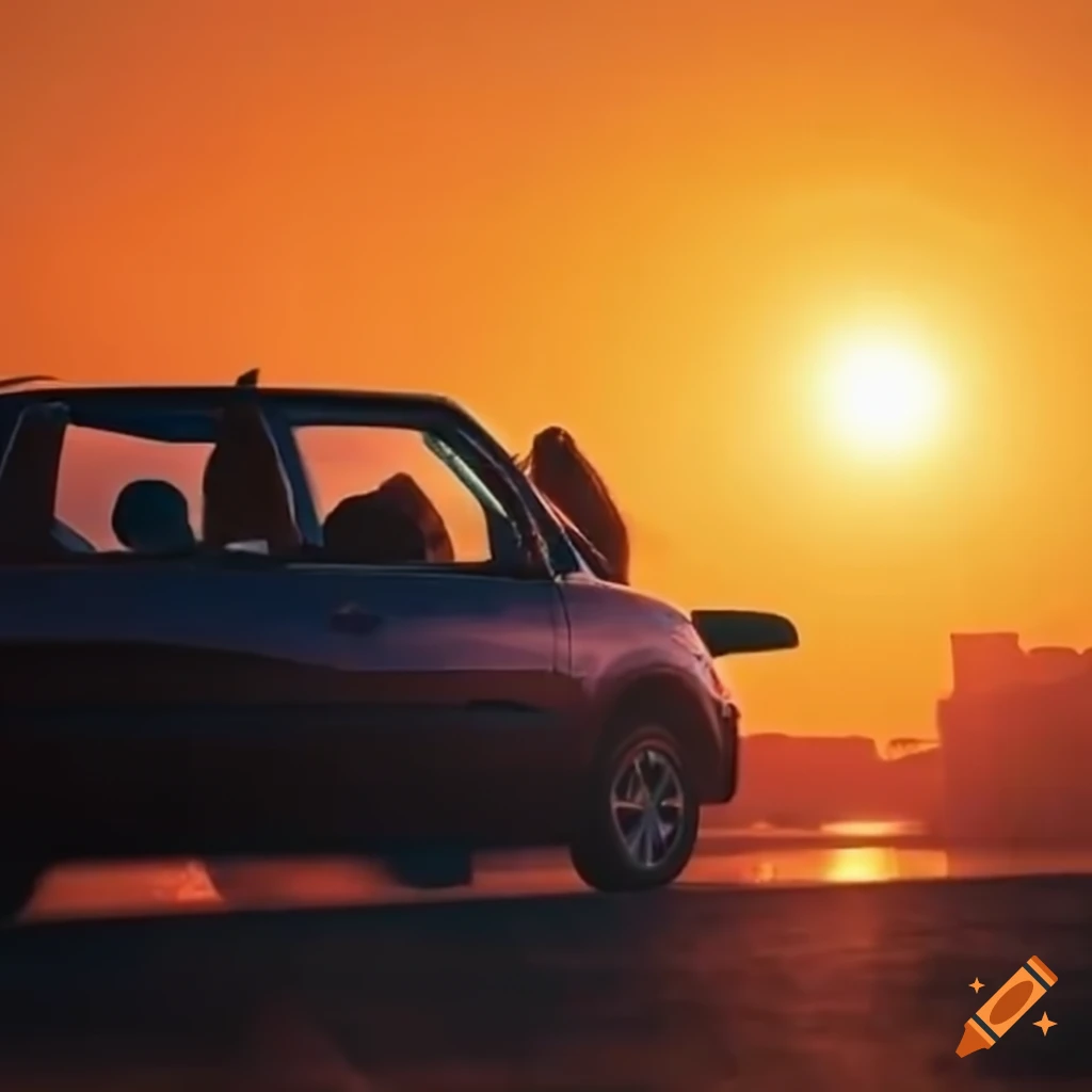 Couple laying on top of a car watching the sunset on Craiyon