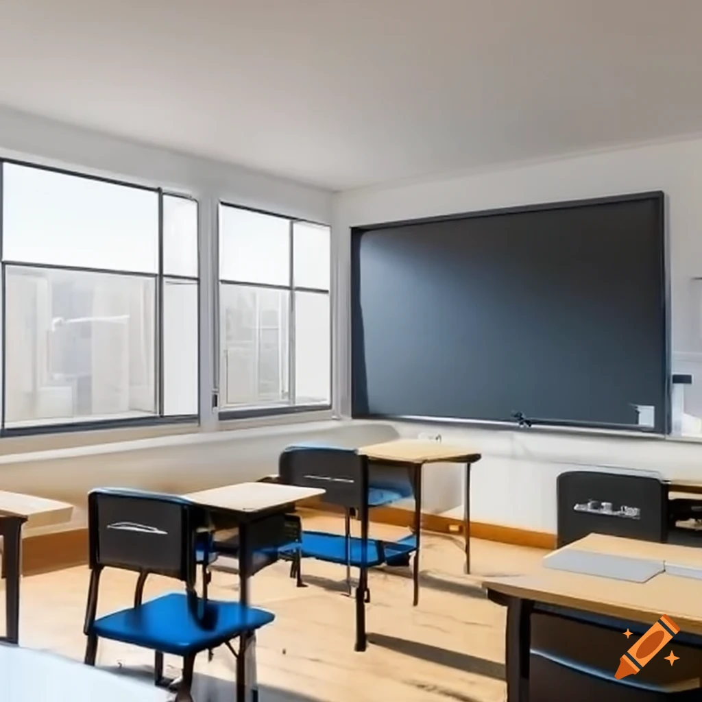 Modern school classroom with big windows and bright sunlight on Craiyon