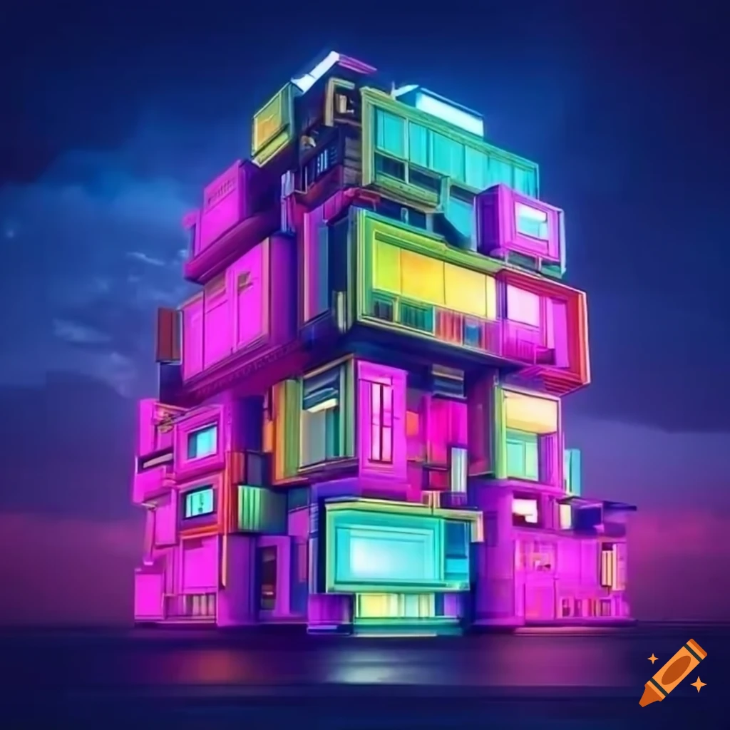 Colorful cyberpunk metropolis in cube shape floating in the sky on Craiyon
