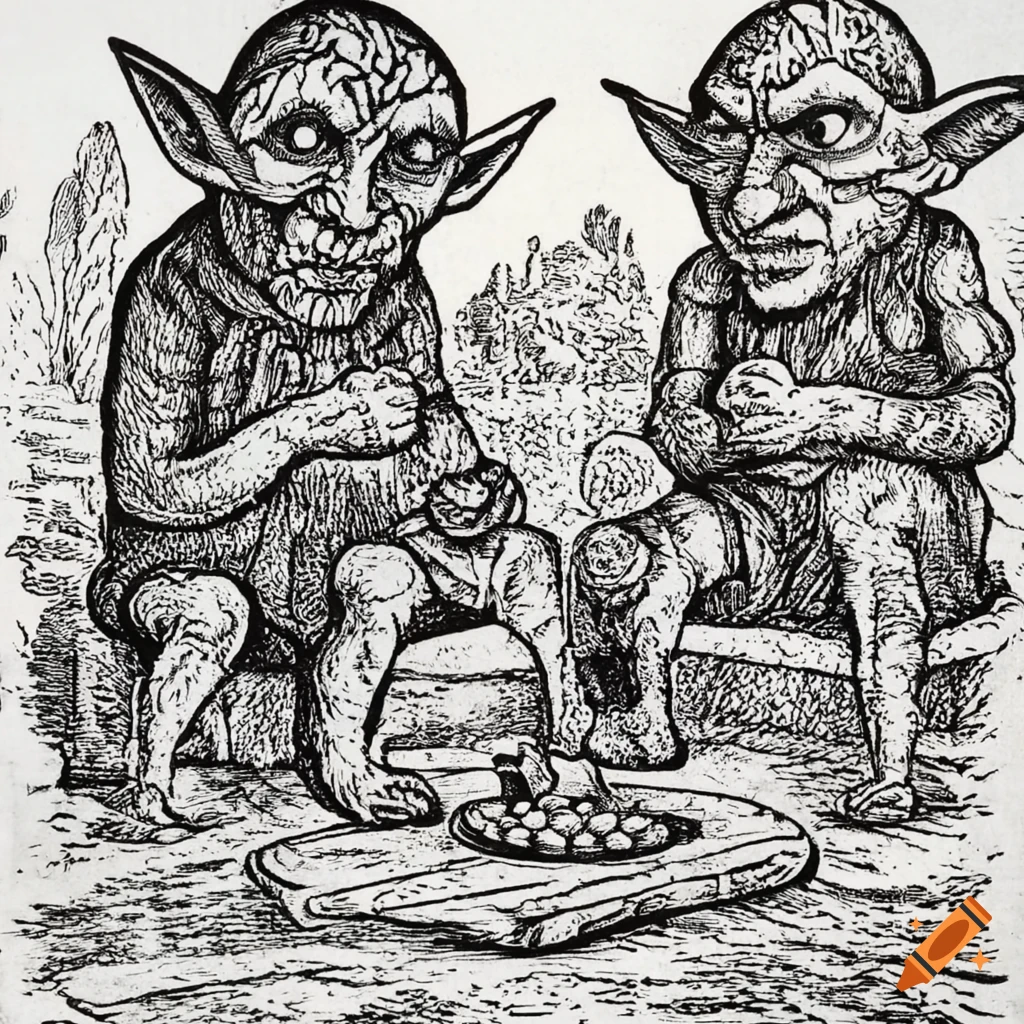 Etching of two goblins having a tea picnic on Craiyon