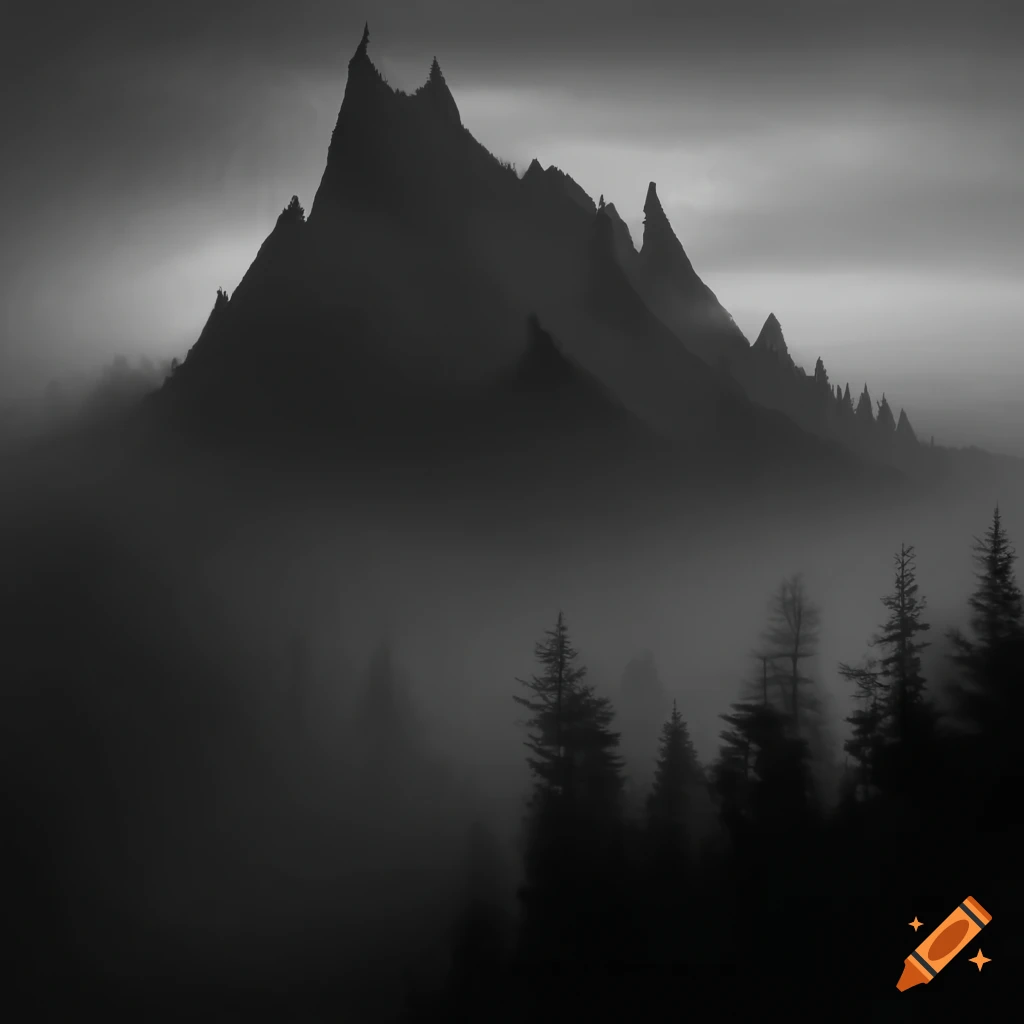 Scary foggy mountain in black and white with dark lighting on Craiyon