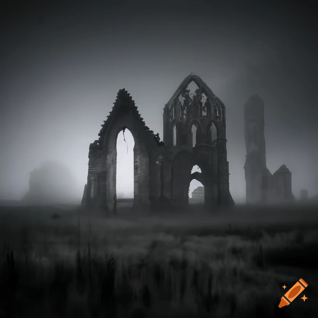 Spooky marsh scene with gothic church ruins in fog on Craiyon