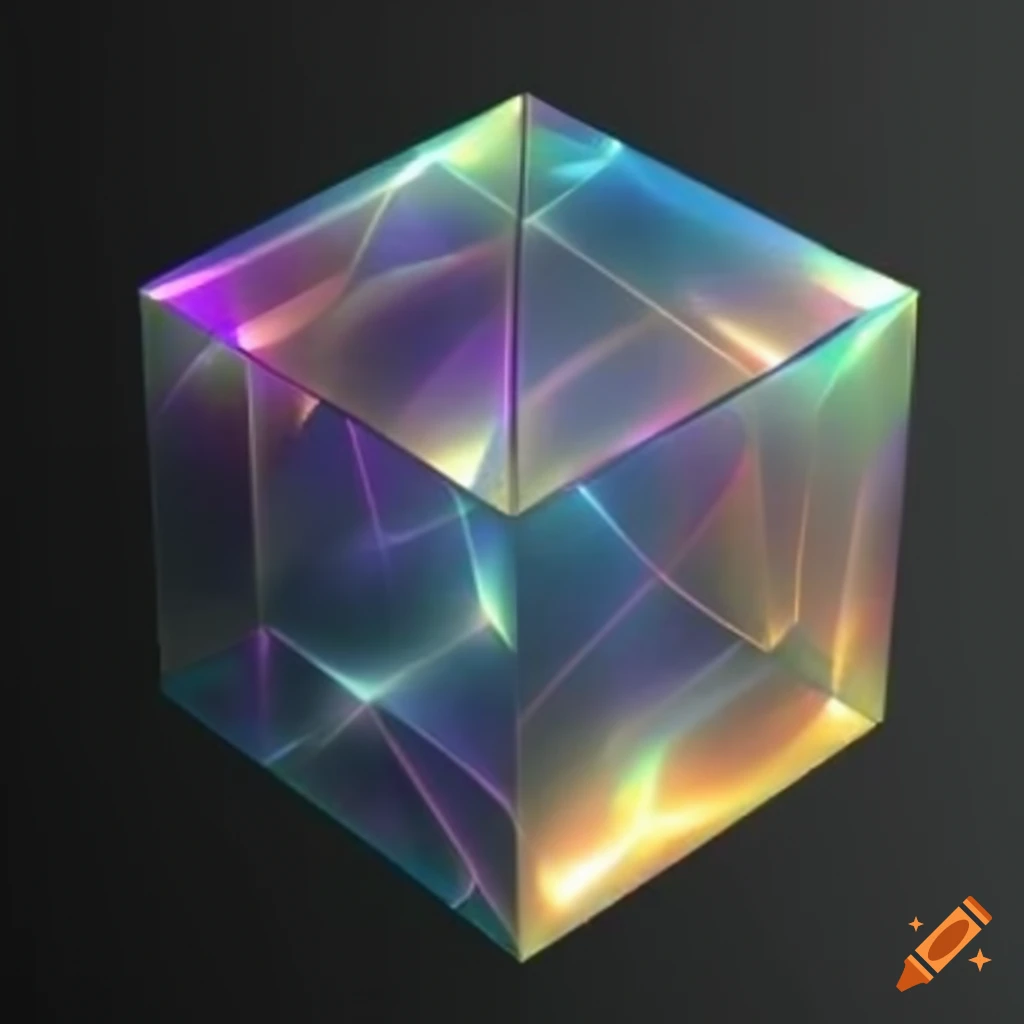 Hyper cube with crystals, iridescence, and hidden symbols on gold edges ...