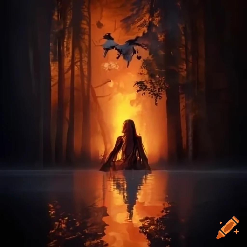 Floating girl in front of a burning forest on Craiyon