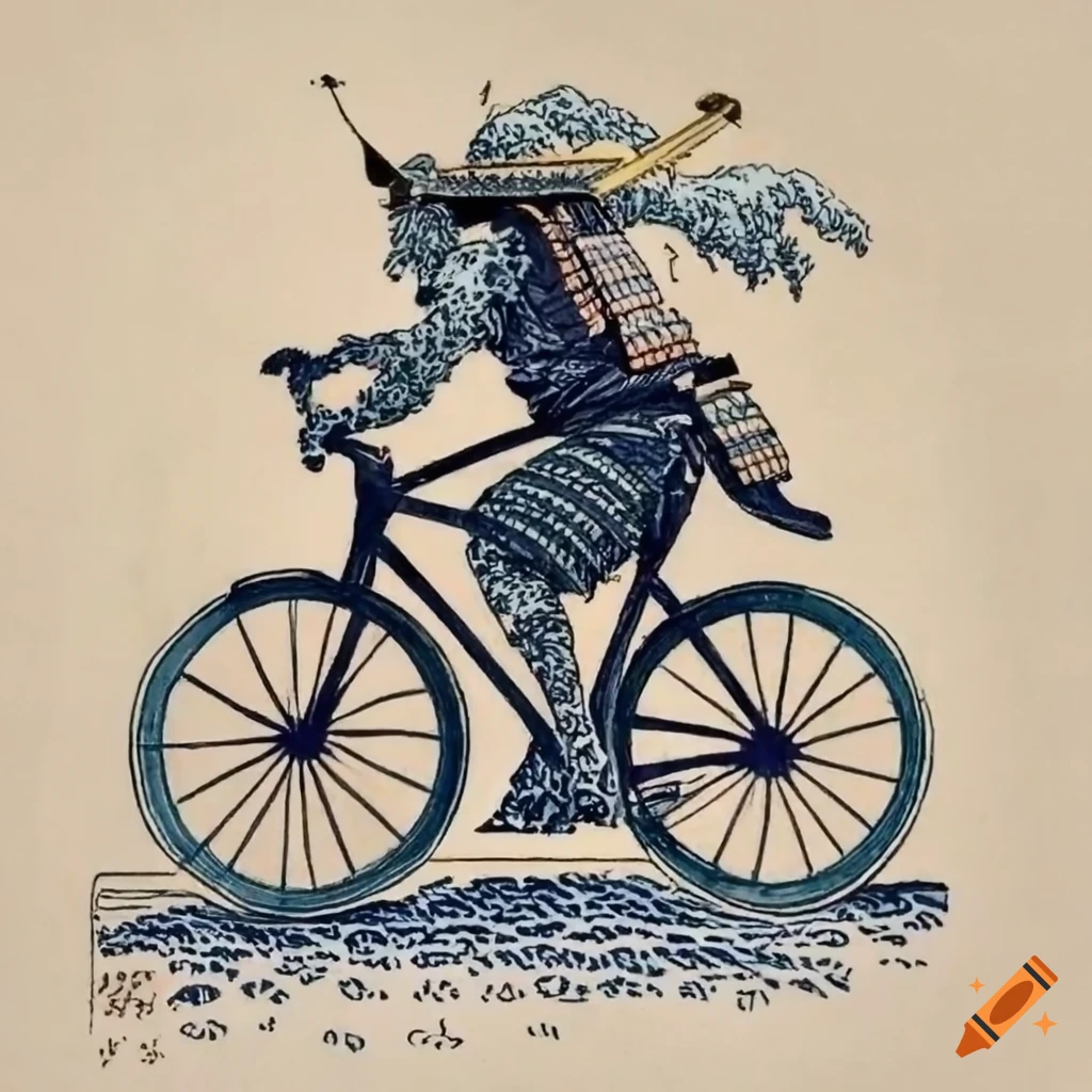 Samurai riding a racing bicycle in the style of Hokusai's ukiyo-e, pen ...