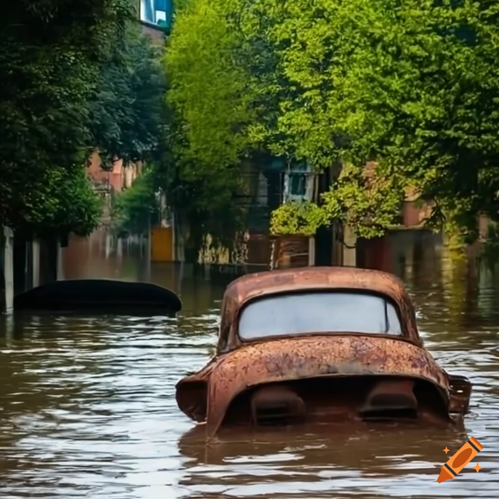 Person sitting in a floating car on a flooded street on Craiyon