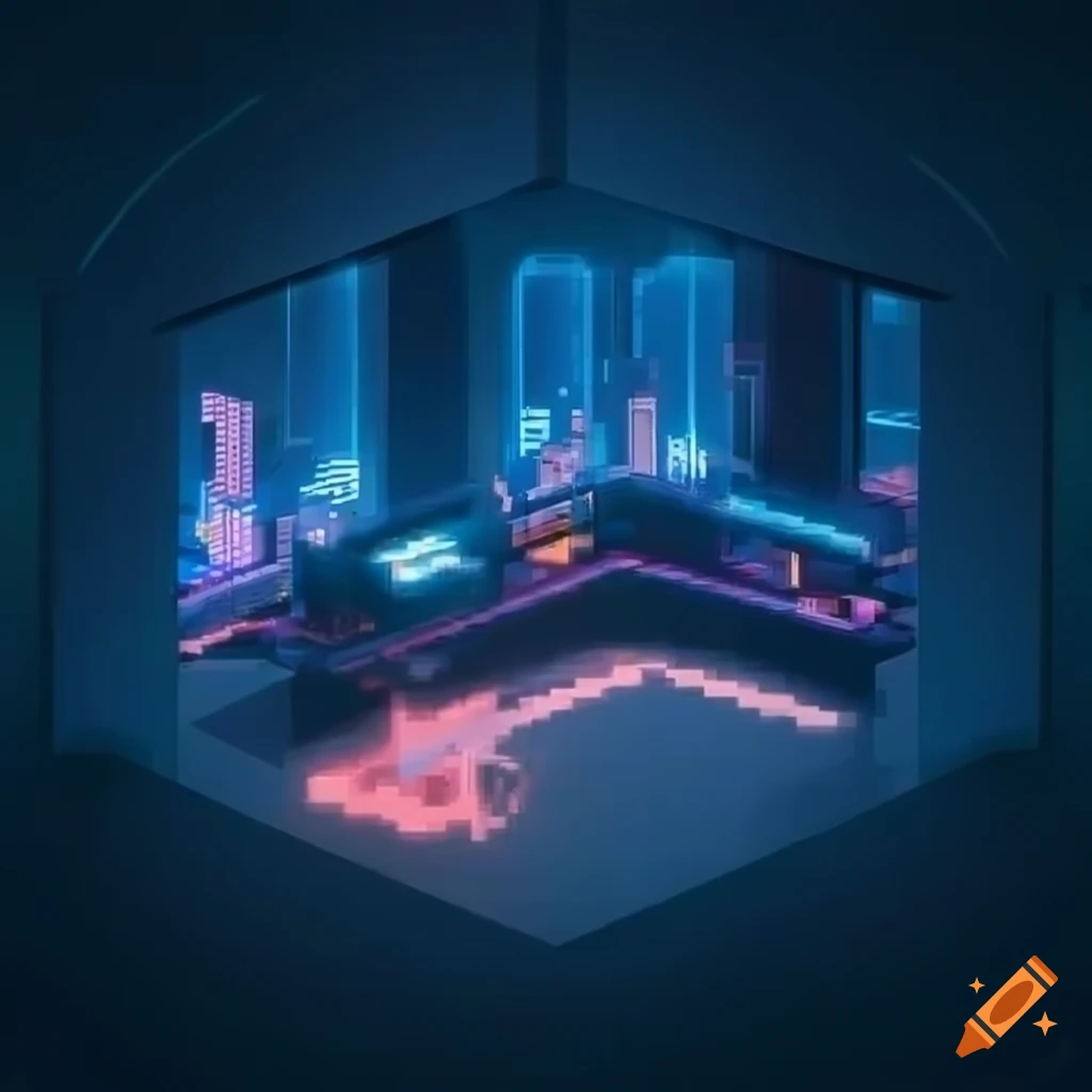 Futuristic executive workspace with neon cityscape view in pixel art ...