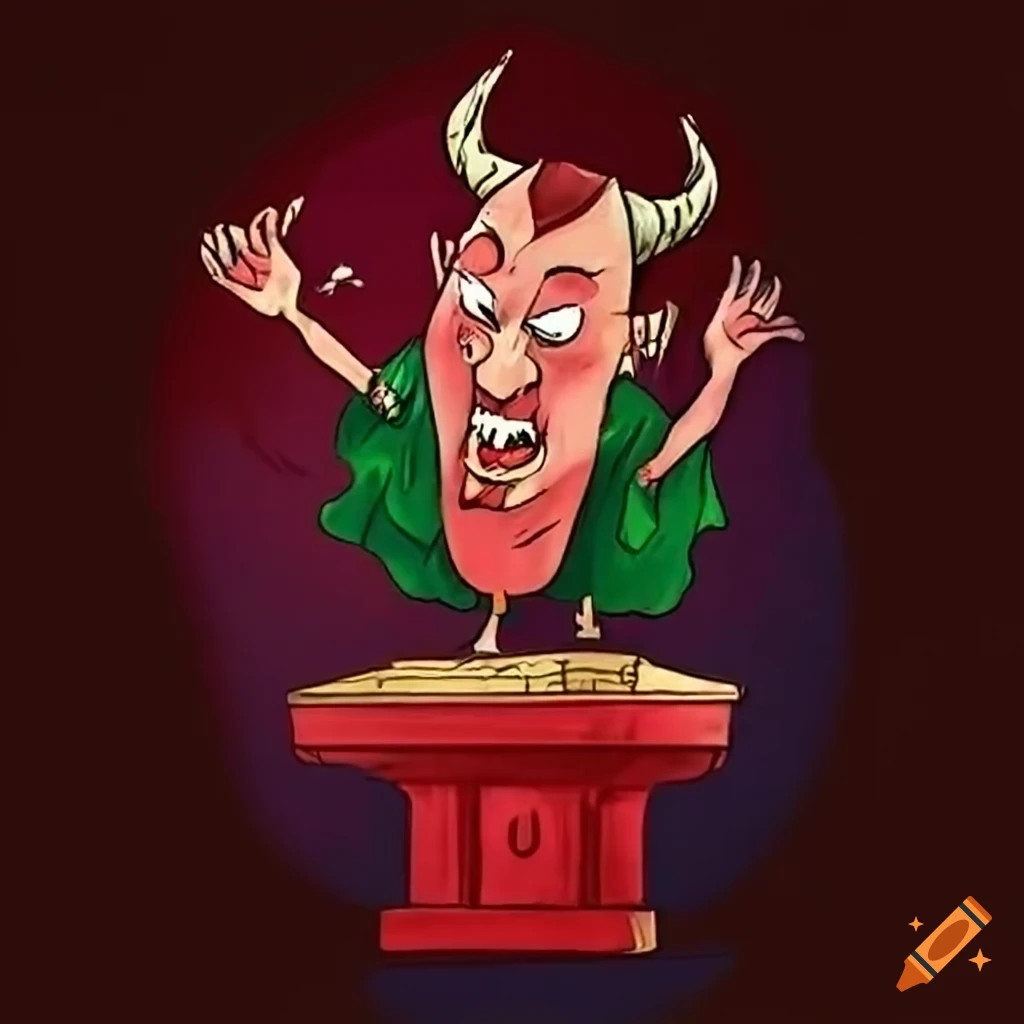 Comical cartoon satan at church pulpit on Craiyon