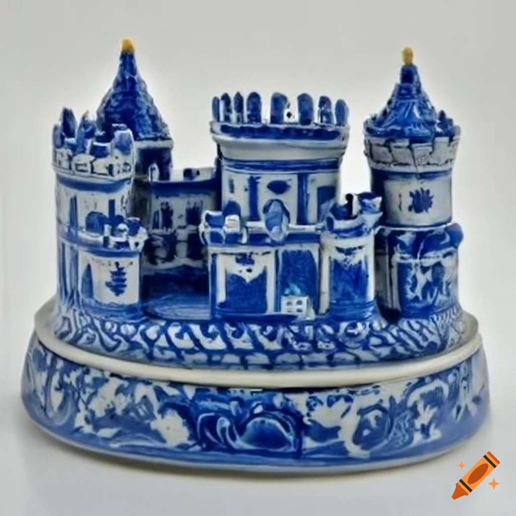 Blue and white ceramic castle sculpture on Craiyon
