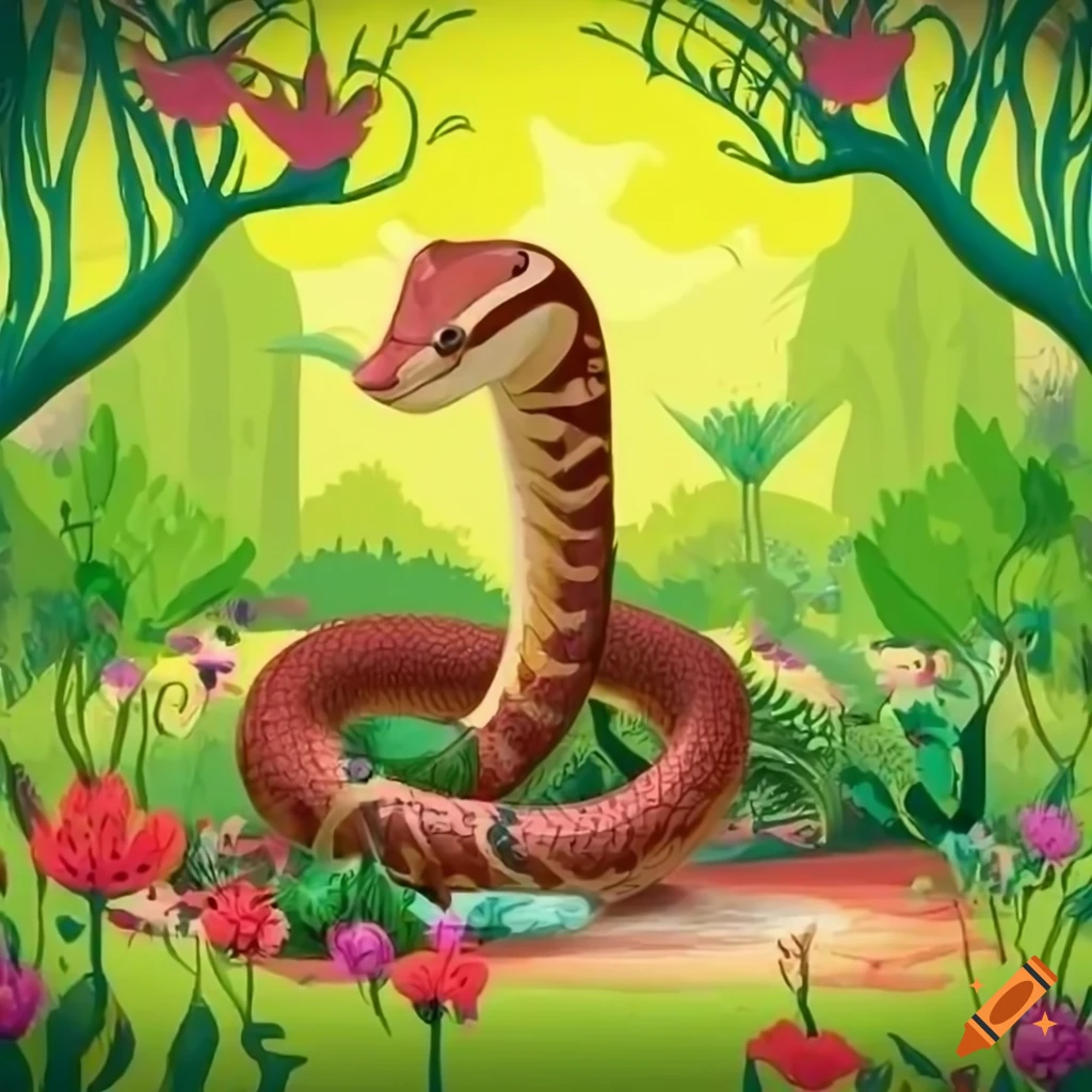 Surreal animal cartoon in a strange forest with pond and exotic flowers ...