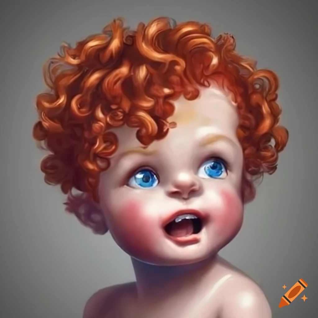 Cherub with short red hair and blue eyes laughing on Craiyon