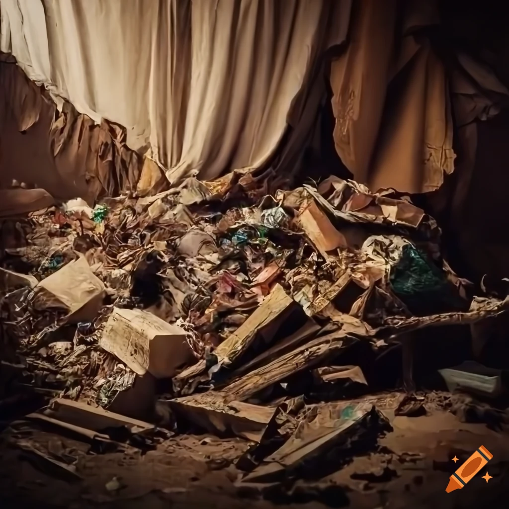 Pile of junk covered with a drapery in a dramatic landscape on Craiyon