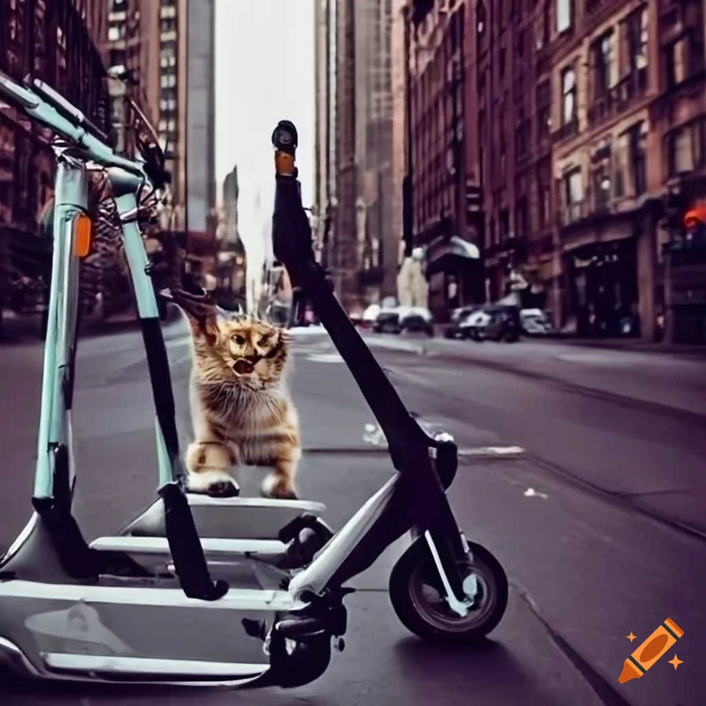Five cats riding scooters in New York City on Craiyon