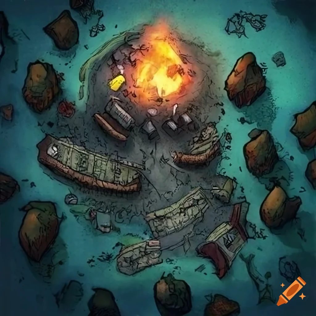 Top down 2-D DND battle map of a night time camp on a beach with three travelers on Craiyon