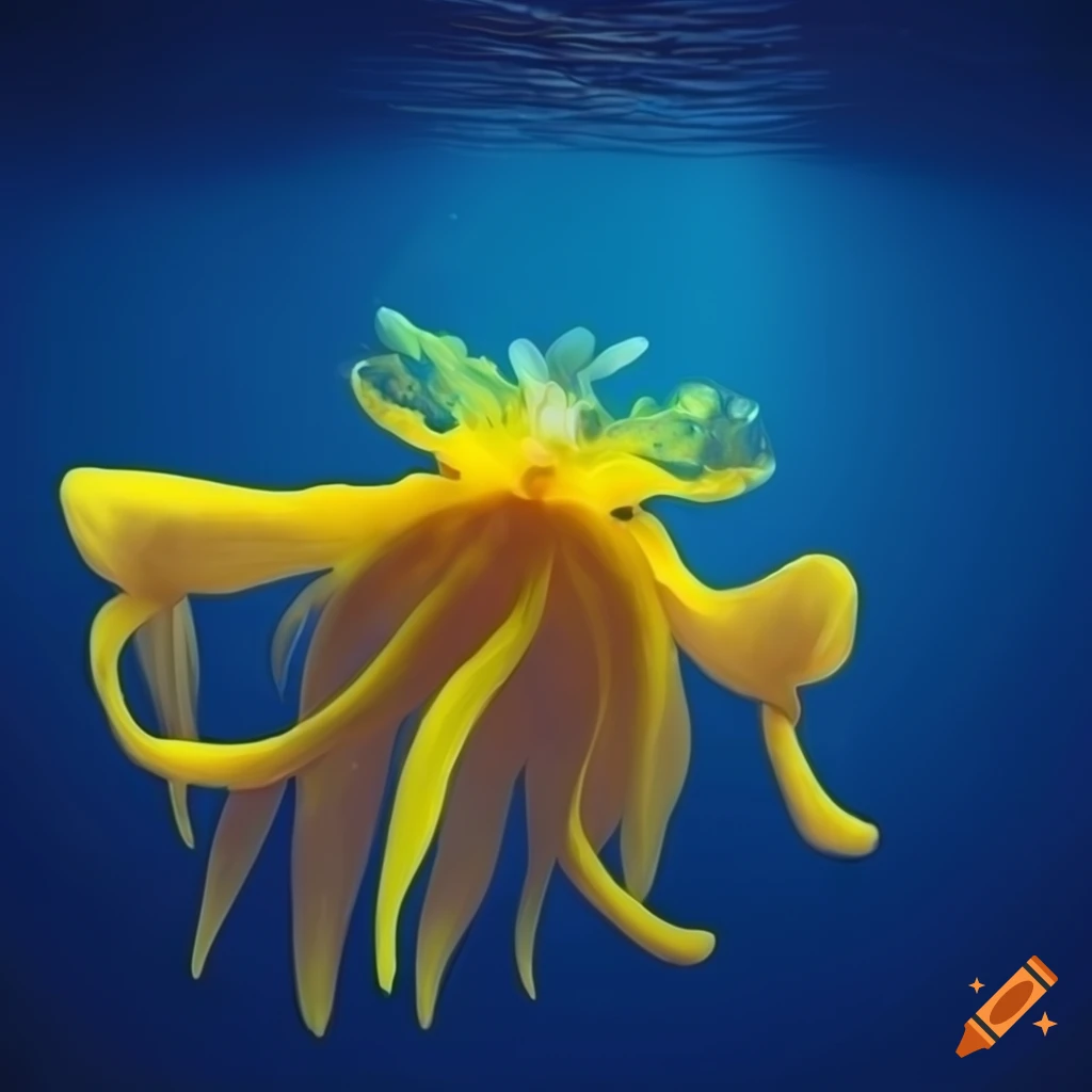 Otherworldly yellow sea creature resembling a wild orchid in a dark blue sea on Craiyon