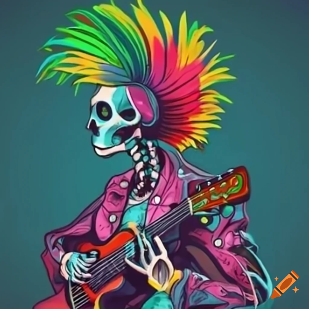 Skeleton with mohawk and leather jacket playing guitar on Craiyon
