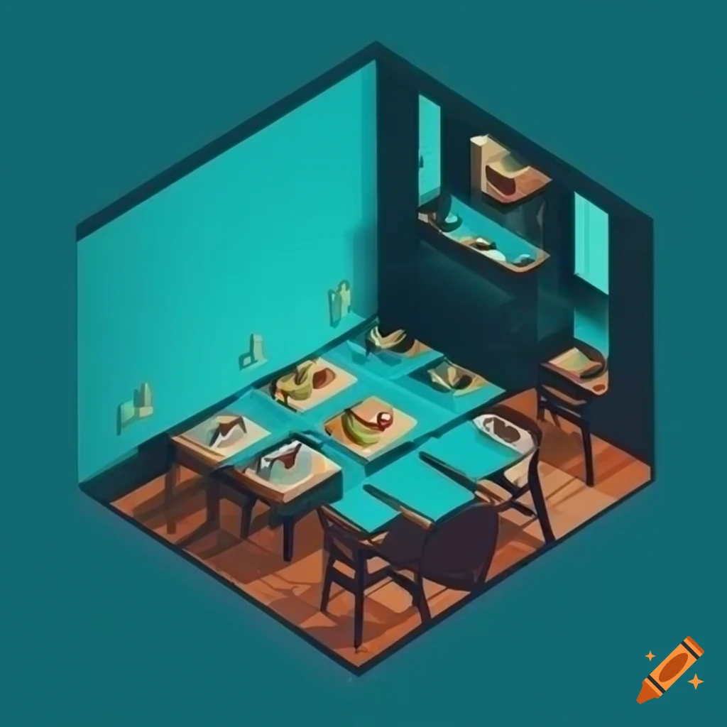 Restaurant in isometric perspective on teal background on Craiyon