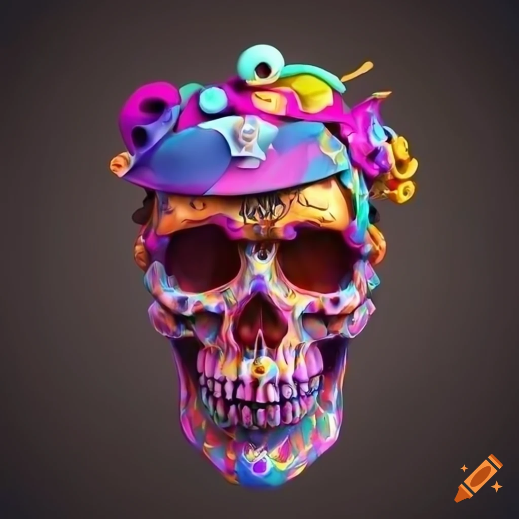 Stylized 3d art of vibrant skulls with creative accessories on Craiyon