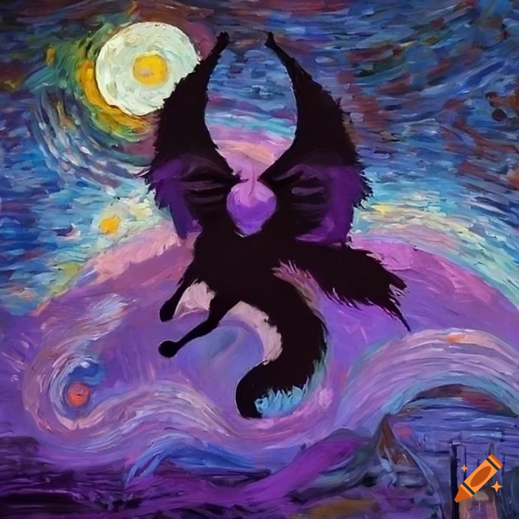 Silhouette of a purple two-headed fox with pink wings and nimbus ...