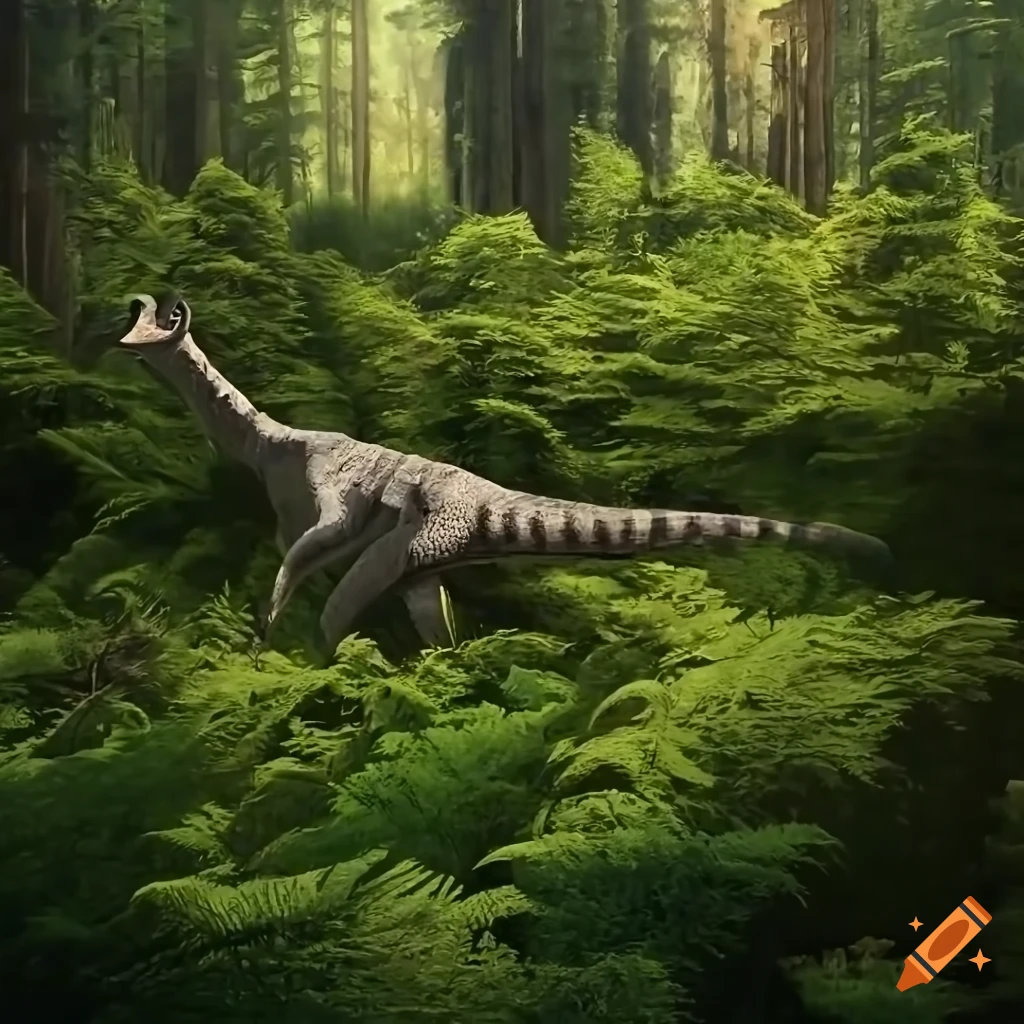 Hadrosaurus dinosaurs in cedar forest with ferns and fallen trees in warm morning light on Craiyon