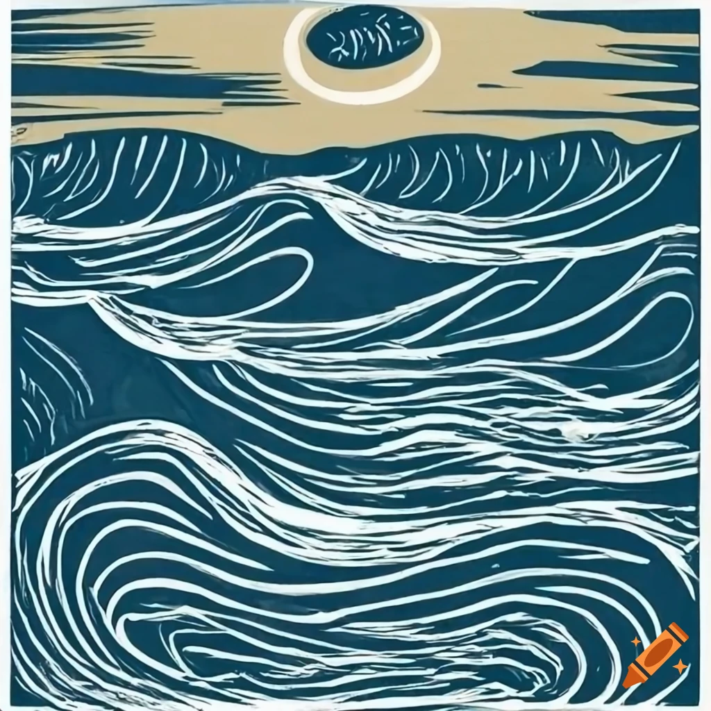 Ocean swell lines in a woodcut style on Craiyon