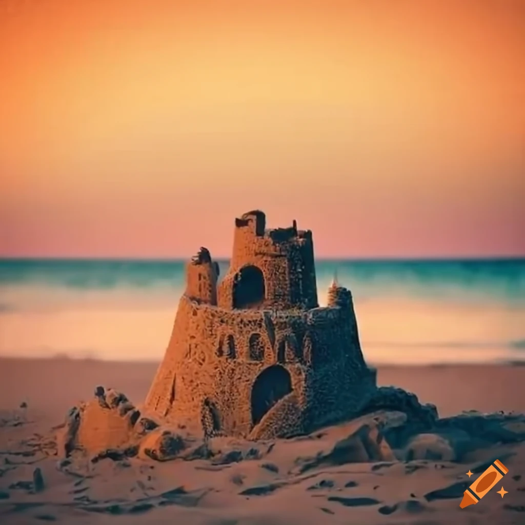 Destroyed sandcastle on beach at sunset with arguing couple on Craiyon